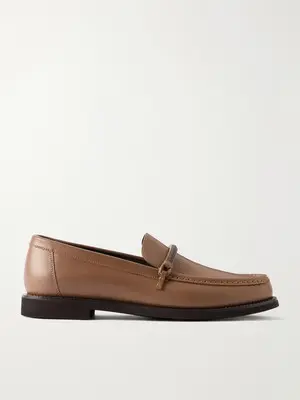 Brunello Cucinelli Leather Loafers With Monili Beads - Brown