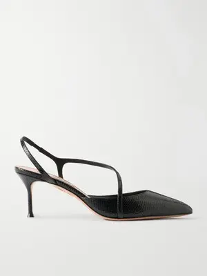 AQUAZZURA Dynasty 65 Snake-effect Leather Slingback Pumps - Black