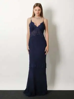 SELF-PORTRAIT Georgette Maxi Dress With Lace Inserts And Embroidered Ruffle Hem