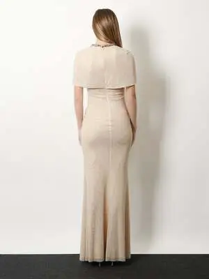 SELF-PORTRAIT Maxi Dress With Rhinestone Embellishment - Beige