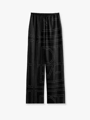 TOTEME Organic Silk Pajama Pants With Monogram Embroidery - Black
