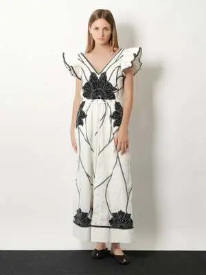 SCARLETT POPPIES Vittorio Cotton Long Dress With Floral Appliqués