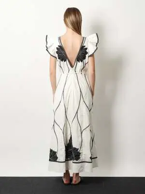 SCARLETT POPPIES Vittorio Cotton Long Dress With Floral Appliqués