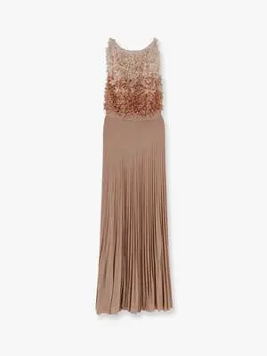Elisabetta Franchi Maxi Dress With Floral Appliqués And Pleated Skirt