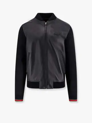 Gucci Leather And Wool Zip-up Jacket With Web Detail