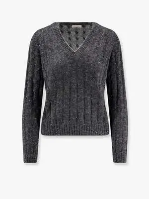 Brunello Cucinelli Allover Sequined V-neck Cable Knit Sweater - Grey