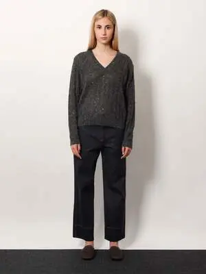 Brunello Cucinelli Allover Sequined V-neck Cable Knit Sweater - Grey