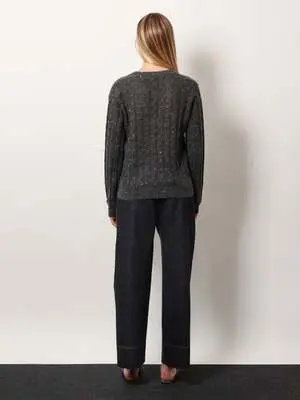 Brunello Cucinelli Allover Sequined V-neck Cable Knit Sweater - Grey