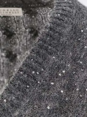 Brunello Cucinelli Allover Sequined V-neck Cable Knit Sweater - Grey