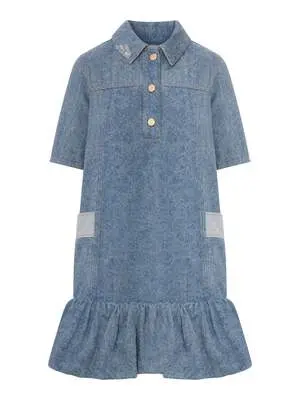 GANNI Patchwork Denim Dress With Gathered Hem - Blue