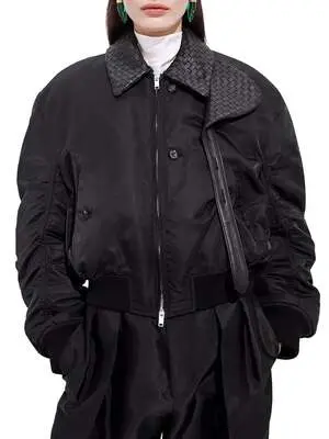 Bottega Veneta Padded Nylon Bomber Jacket With Intrecciato Leather Accents - Multicolor
