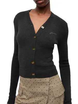 GANNI Wool V-neck Cardigan With Embroidered Logo - Multicolor