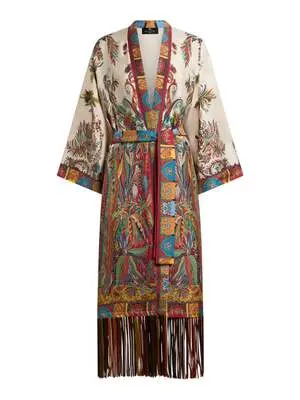 Etro Silk Duster Coat With Fringes And Paisley Foliage Print - Multicolor