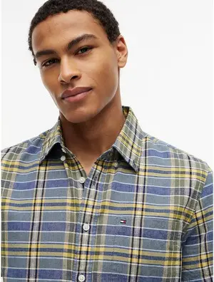 Tommy Hilfiger Regular Fit Plaid Linen-blend Shirt - Brisk Blue Multi