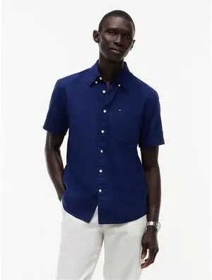Tommy Hilfiger Regular Fit Short-sleeve Linen-blend Shirt - Navy