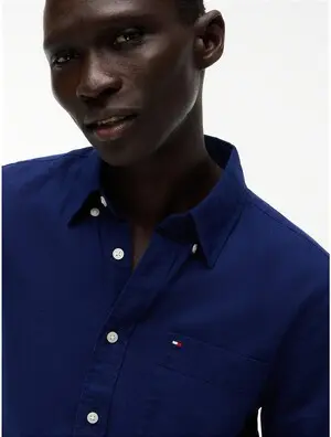 Tommy Hilfiger Regular Fit Short-sleeve Linen-blend Shirt - Navy