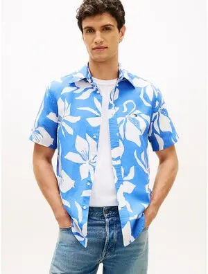 Tommy Hilfiger Tropical Print Cotton-linen Blend Shirt - Blue Spell/white