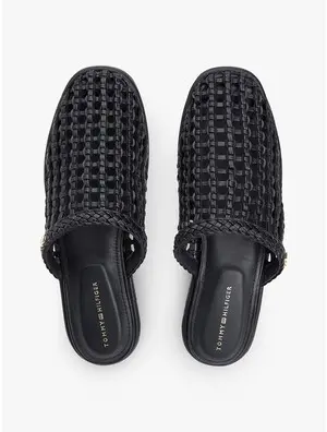 Tommy Hilfiger Woven Open Toe Flat Mules With Monogram Accent