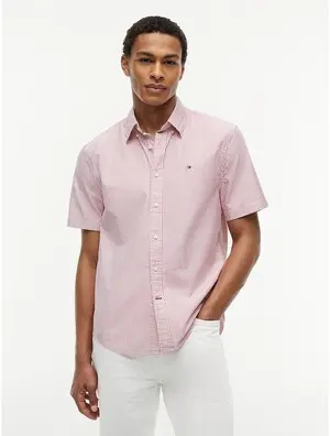 Tommy Hilfiger Short-sleeve Striped Oxford Shirt - Medium Red
