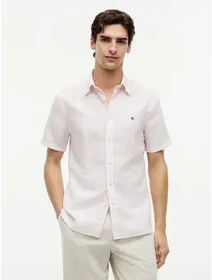 Tommy Hilfiger Regular Fit Striped Cotton-linen Shirt - Pink Lily/white Stripe