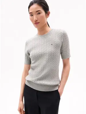 Tommy Hilfiger Short Sleeve Cable Knit Sweater - Grey Heather