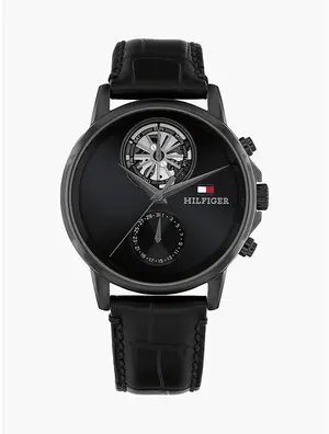 Tommy Hilfiger 40mm Leather Strap Dress Watch - Black