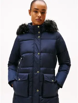 Tommy Hilfiger Quilted Hooded Puffer Coat With Faux Fur Trim