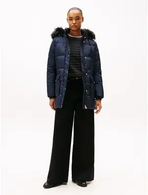 Tommy Hilfiger Quilted Hooded Puffer Coat With Faux Fur Trim