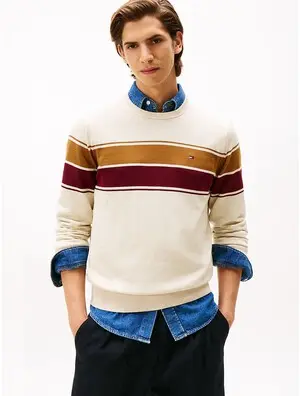 Tommy Hilfiger Block Stripe Crewneck Sweater - Ivory Heather