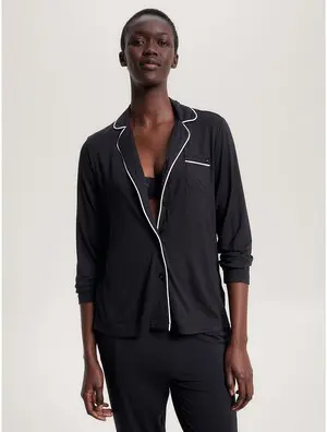 Tommy Hilfiger Piped Trim Pajama Shirt - Black