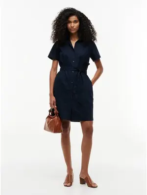 Tommy Hilfiger Belted Linen-cotton Blend Shirt Dress - Navy