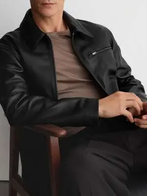REISS Leather Zip-through Jacket - Black
