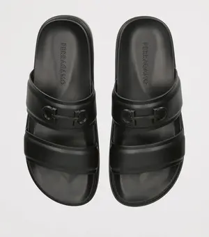 FERRAGAMO Leather Gancini Slide Sandals - Black