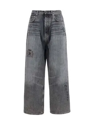 Balenciaga Tattoo Baggy Cotton Denim Pants - Gray