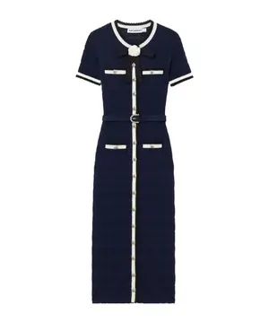 SELF-PORTRAIT Knit Midi Dress With Contrast Trims And Floral Corsage - Navy