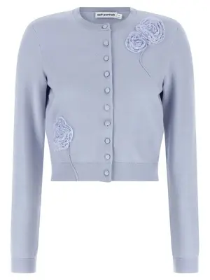 SELF-PORTRAIT Cropped Cardigan With Floral Appliqu - Blue