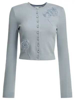 SELF-PORTRAIT Cropped Cardigan With Floral Appliqu - Blue