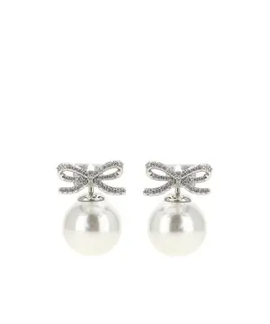 SELF-PORTRAIT Crystal Bow And Faux Pearl Drop Earrings - Gray
