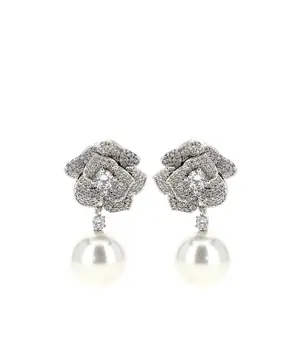 SELF-PORTRAIT Crystal Flower Faux Pearl Drop Earrings - Gray