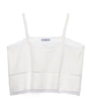 Prada Linen Top With Embroidered Logo And Lace Trim
