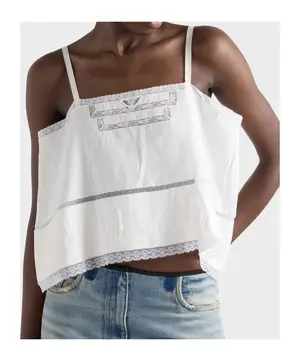 Prada Linen Top With Embroidered Logo And Lace Trim