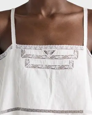 Prada Linen Top With Embroidered Logo And Lace Trim