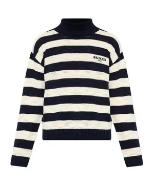 Balmain Striped Logo Turtleneck Knitted Sweater - Navy