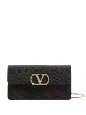 Valentino Garavani Vlogo Signature Chain Wallet In Moiré Fabric With Jewel Logo - Black