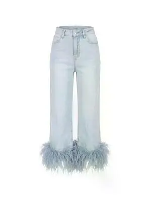 TWENTY FOURHAITCH Cropped Jeans With Feather Trim