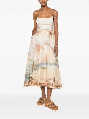 Zimmermann Mahon Linen Picnic Dress With Map Print - Multi