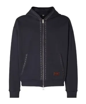 Fendi Navy Cotton Zip-up Hoodie With Selleria Stitching