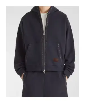 Fendi Navy Cotton Zip-up Hoodie With Selleria Stitching
