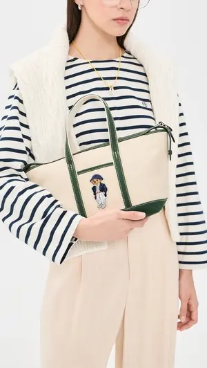 Polo Ralph Lauren Canvas Mini Shopper Tote With Bear Patch - Ecru/juniper