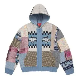 Supreme Patchwork Zip Up Hooded Sweater - Light Blue